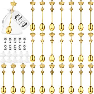 24 Set Gold Stainless Steel Coffee Cake Spoons Crown Teaspoon Long Handle Stirring Spoon with 24 Pcs Tags and Bags Drinking Dessert Ice Cream Spoon for Wedding Bridal Shower Gift Guest Tea Party Favor