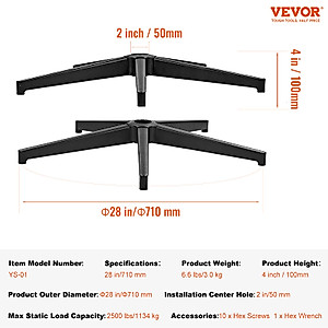 VEVOR Office Chair Base Replacement, 28", 2500 lbs Static Load Capacity, Heavy Duty Universal Computer Desk Chair Stool Base Part with Reinforced Metal Legs, Desk Chair Base Replacement Parts, Black