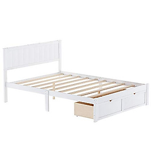 Modern Solid Wooden Platform Bed with Large Drawer Low Bed Frame with Headboard, No Box Spring Needed/Easy Assembly, Full White