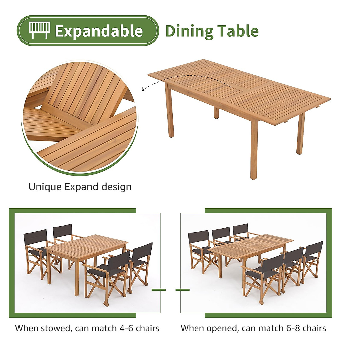 OC Orange-Casual 7 Piece Patio Dining Set, Outdoor Acacia Wood Furniture Set, Extendable Rectangular Table and 6 Folding Director Chairs w/Soft Padding, FSC Certified, for Backyard,Dark Grey