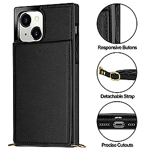Vofolen Compatible with iPhone 13 Wallet Case with Credit Card Holder Lanyard Crossbody Strap Leather Magnetic Clasp Kickstand Heavy Duty Protective Square Flip Cover for iPhone 13 6.1 Black