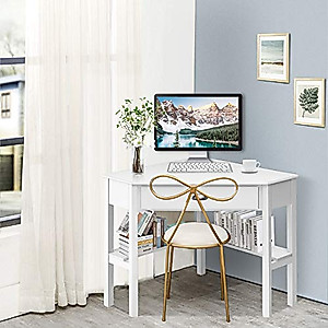 Tangkula White Corner Desk, Corner Computer Desk with Drawer for Small Space, Small Corner Makeup Vanity Desk, 90 Degrees Triangle Corner Desk with Storage Shelves