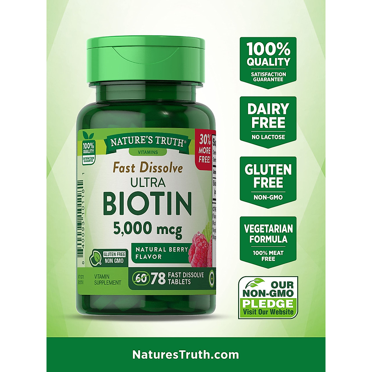 Nature's Truth Ultra Biotin 5000mcg | 78 Fast Dissolve Tablets | Hair Skin and Nails Supplement | Natural Berry Flavor | Vegetarian, Non-GMO, Gluten Free