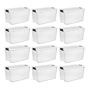 Sterilite 70 Qt Ultra Latch Box, Stackable Storage Bin with Lid, Plastic Container with Heavy Duty Latches to Organize, Clear and White Lid, 12-Pack