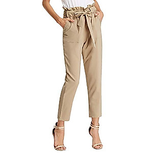 GRACE KARIN Women's Pants Cropped Paper Bag Waist Pants with Pockets Light Tan Size M