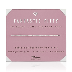 Lucky Feather 50th Birthday Gifts for Women Turning 50 - Sterling Silver Dipped Beads Bracelet on Adjustable Cord, 50th Birthday Jewelry Gift Ideas for 50 Year Old Woman