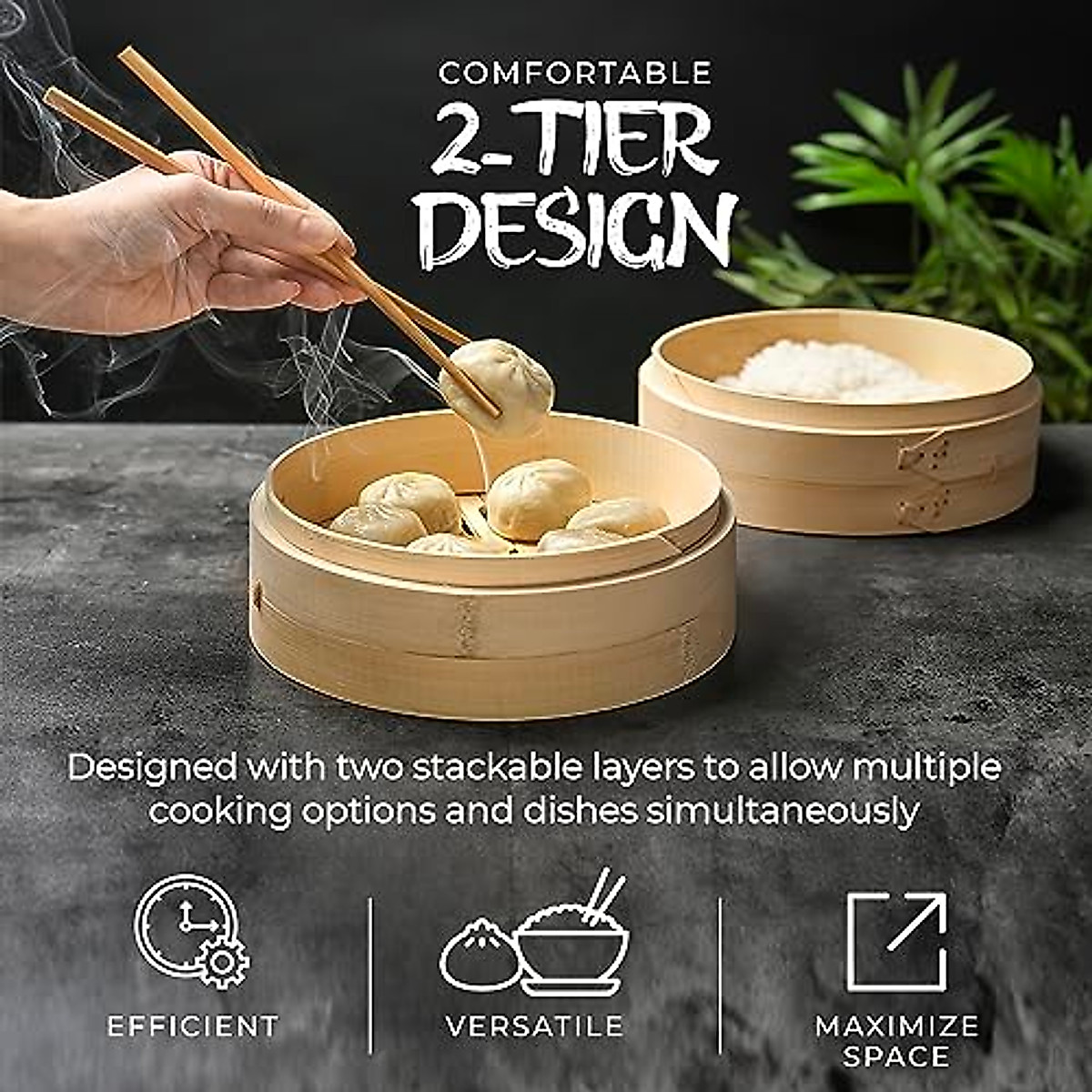 SILLION 2-Tier 10 Inch Bamboo Steamer Basket With Stainless Steel Ring Adapter, 2x Set of Chopsticks, 2x Reusable Silicone Liners | Bamboo Steamer For Cooking Ideal For Dumplings, Rice, Fish or Vegetables