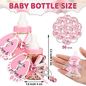 50 Pcs 3.5 x 1.6 Inch Baby Bottle for Baby Shower Mini Feeding Bottle Candy Box Plastic Milk Bottles with Ribbon for Baby Shower Favor Gift Decoration, Pink