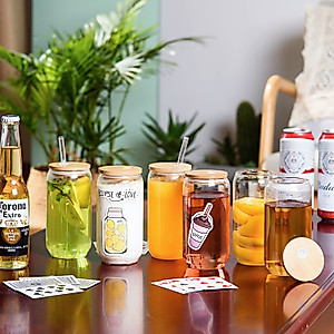 MOHARY [ 8pcs Set ] Drinking Glasses with Bamboo Lids and Straw 8pcs Set - 16oz U-Shaped Cups, Iced Coffee Glasses, Cute Reusable Bottle, Ideal for Whiskey, Beer, Tea, Gift - 2 Cleaning Brushes