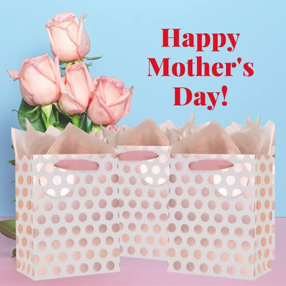 UNIQOOO 12PCS Christmas Metallic Rose Gold Gift Bags Bulk with Tag, Medium 9x7 Inch, Modern Pink Polka Dots Foil Paper Wrap Bags, for Wedding, Birthday, Valentine's Day, Mother's Day Gift Packaging Décor Party Favor