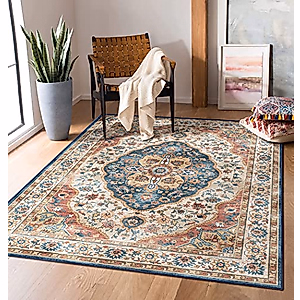 vivorug Washable Rug, Ultra Soft Area Rug 5x7, Non Slip Boho Rug Foldable, Stain Resistant Rugs for Living Room, Persian Tribal Medallion (Yellowish/Navy, 5'x7')