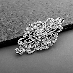 Mariell Vintage Bridal Crystal Brooch Pin, 4" Wide, Antique Silver Wedding Pin, Rhinestone Brooch for Brides and Wedding, Art Deco Fashion Accessory
