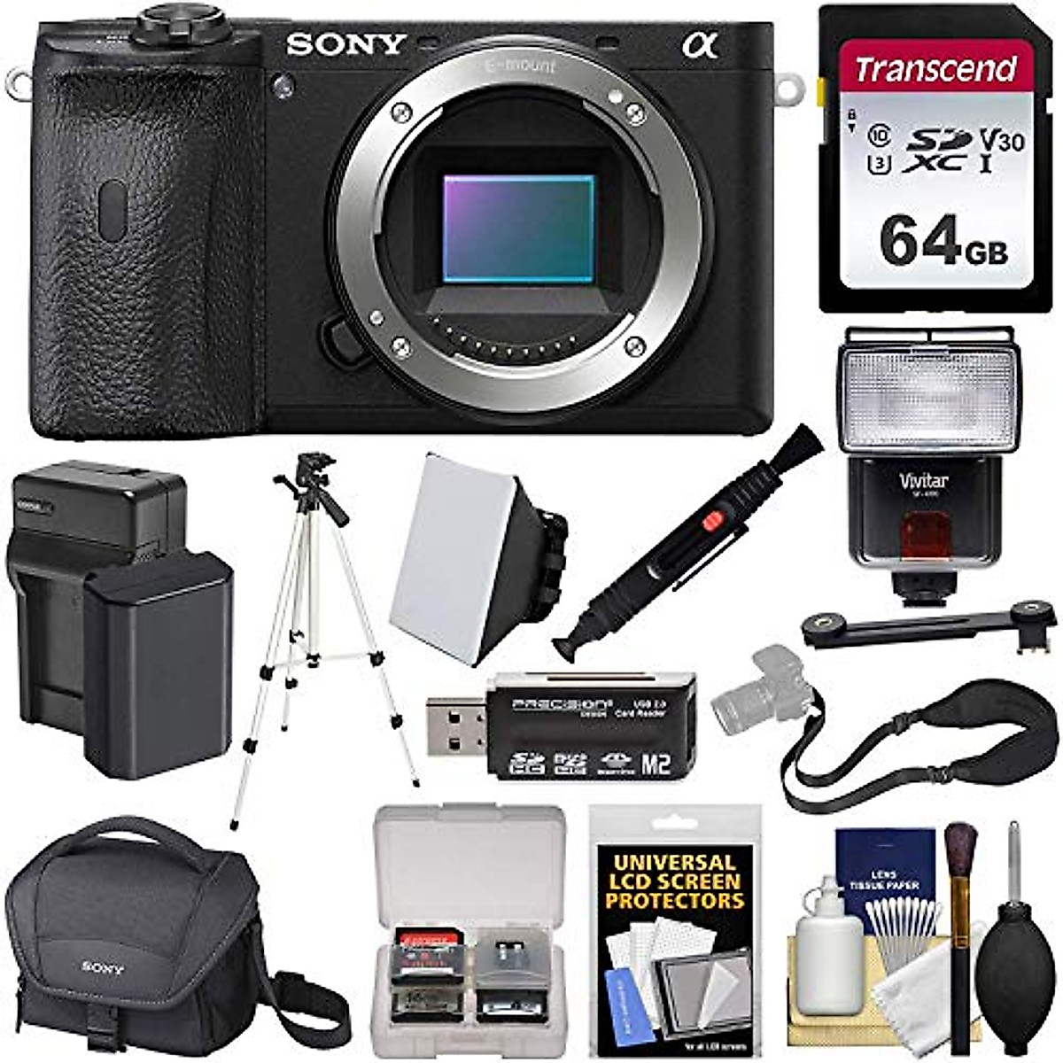 Sony Alpha A6600 Mirrorless Digital Camera Body with 64GB Card + Battery & Charger + Case + Strap + Tripod + Flash + Soft Box + Kit