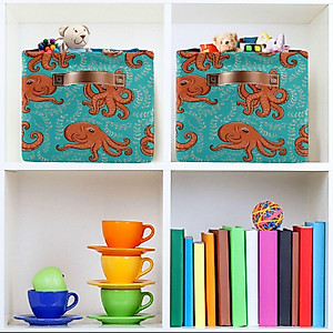 xigua Un Orange Octopus Foldable Canvas Storage Bin, Sturdy Fabric Storage Basket with Handles, Storage Cube Box for Organizing Shelf Nursery Toy Closet 2PCS#795