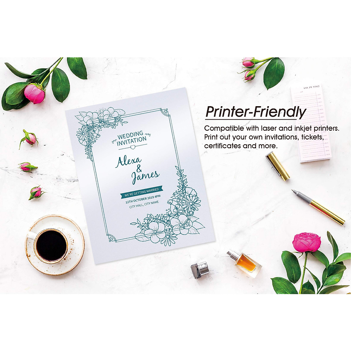 White Shimmer Paper - 100-Pack Metallic Paper, 120 GSM, Paper Crafting Supplies, Perfect for Flower Making, Ticket, Invitation, Stationery, Scrapbook Use, Printer Friendly, 8.5 x 11 Inches