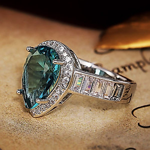 DCFSHEE Fashion Waterdrop Pear Shape Cut Aquamarine Gemstone & Baguette CZ Zircon Promise Rings, Bridal Eternity Engagement Wedding Jewelry (US size 8)