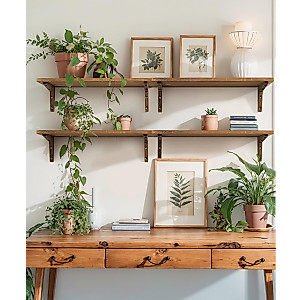 Afuly Wood Shelves for Wall, 24 Inch Rustic Floating Shelf with Wooden Brackets for Bedroom Living Room Kitchen, Wall Mounted Storage Shelving, Natural Solid Wood Home Decor