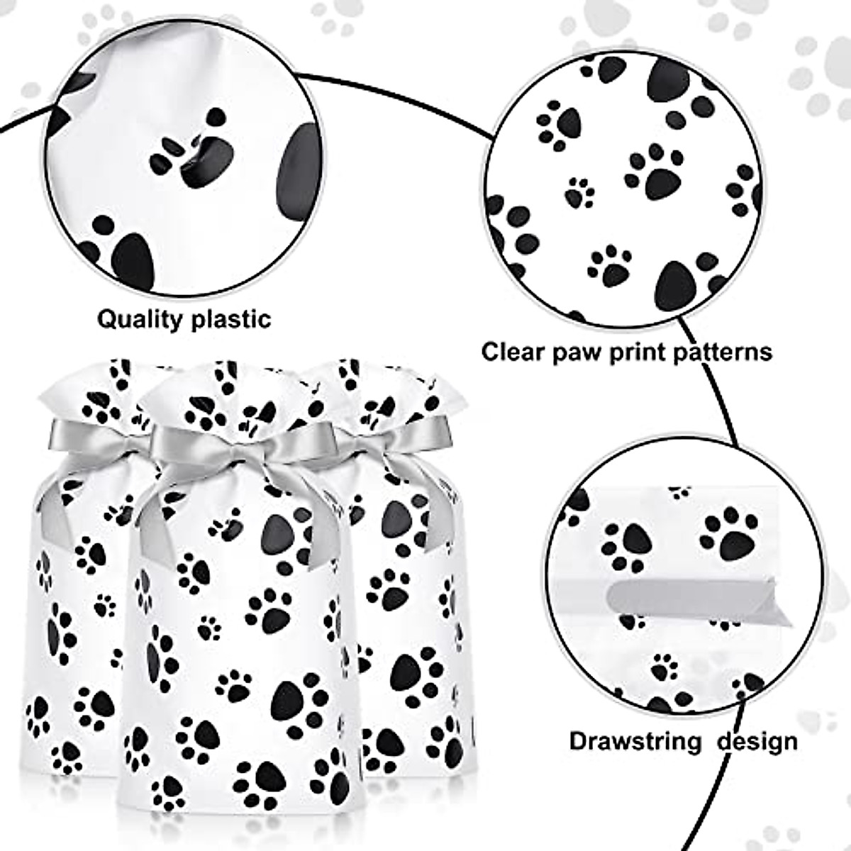 YIDAKO 50 Pieces Paw Print Goodie Bags, Plastic Dog Gift Bags With Drawstring, Treat Candy Bags For Dog Cat Theme Party Favors and Boys Girls Birthday Party Supplies Decorations, 9× 6 Inch