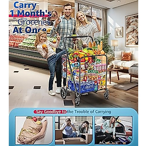 Shopping Cart，Jumbo 460 lbs Capacity Grocery Cart Heavy Duty Utility Cart w/Upgraded 360° Rolling Swivel Wheels & Double Basket Folding Shopping Cart for Transport Groceries, Luggage, Laundry, Condo