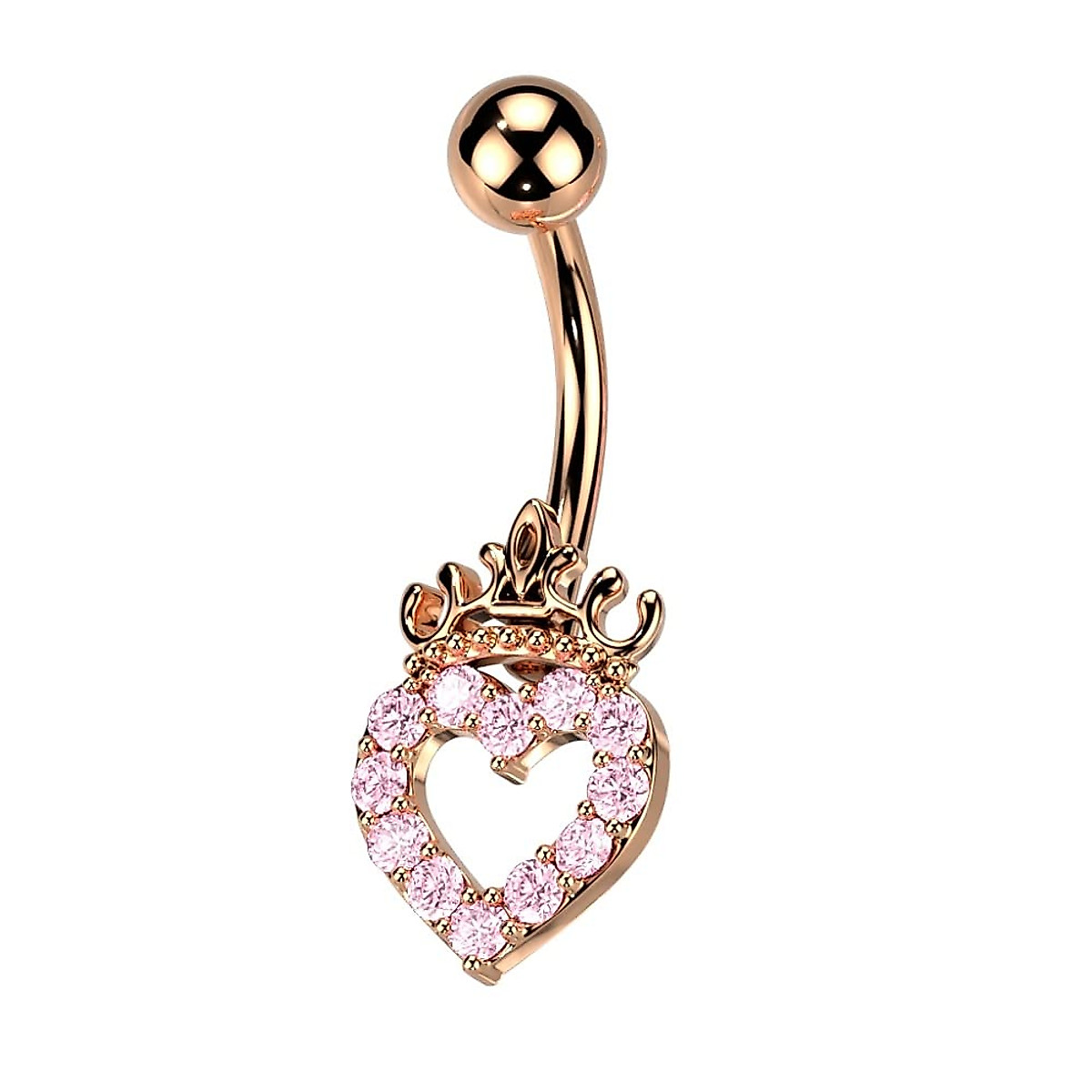 Pierced Owl 14GA 316L Stainless Steel CZ Crystal Paved Hollow Heart and Crown Belly Button Ring (Rose Gold Tone/Pink)