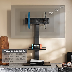 FITUEYES Floor TV Stands with Swivel TILT Mount for 32 39 40 43 49 50 55 60 65 70 75 Inch LCD LED TVs with Iron Base Adjustable Shelf Universal Television Stands for Bedroom and Living Room (Black)