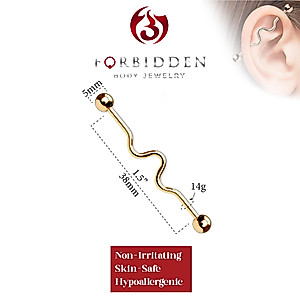 Forbidden Body Jewelry 14G Surgical Steel 1 1/2 Inch (38mm) Rose Gold IP Plated Wavy Industrial Piercing Barbell, 5mm Balls