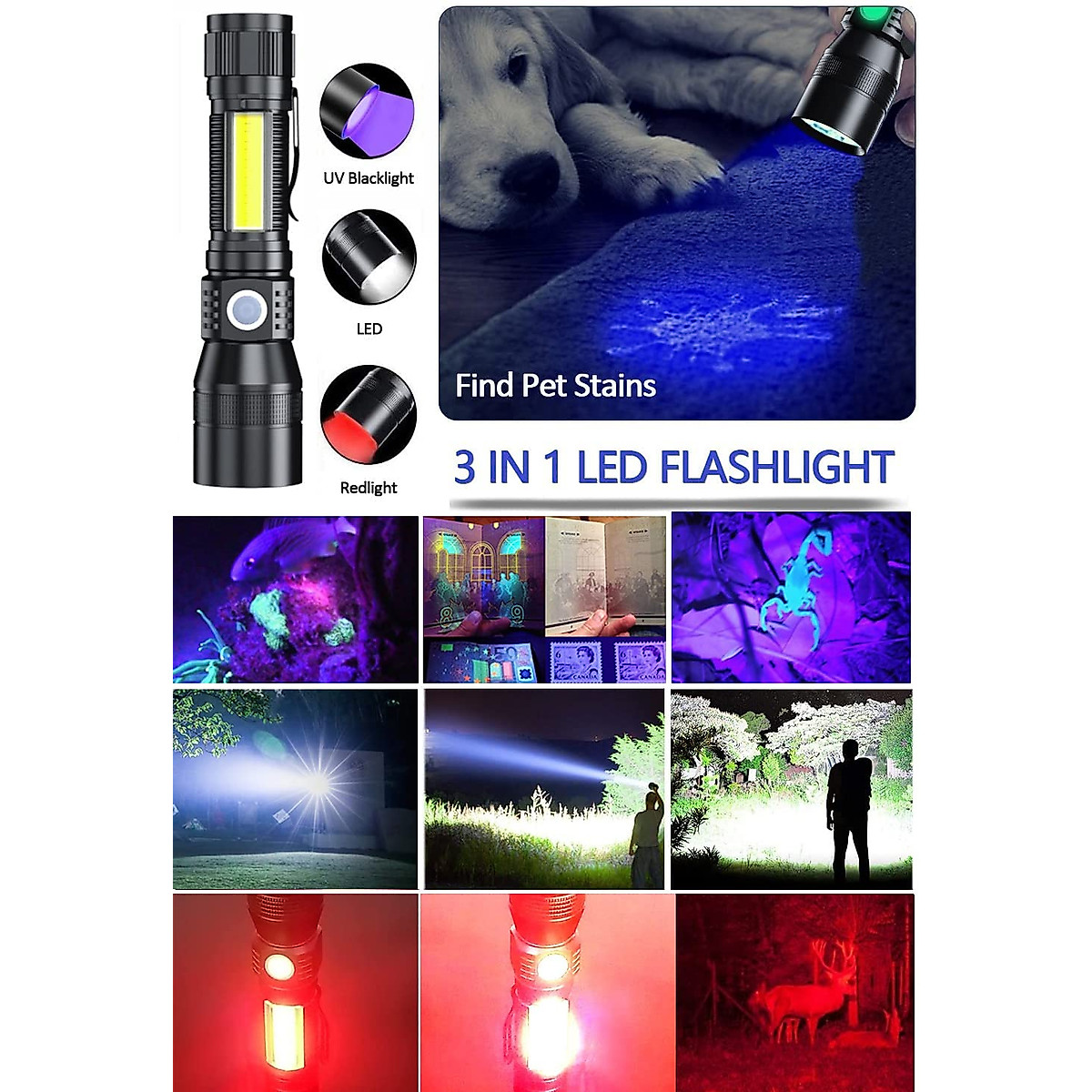 Black Light UV Flashlight Rechargeable, 3in1 Super Bright Tactical Flashlights LED UV Black Light &Redlight, 2000Lumen 7Modes, Zoomable, Waterproof Pocket Flashlight for Pet Stains Detection,Camping