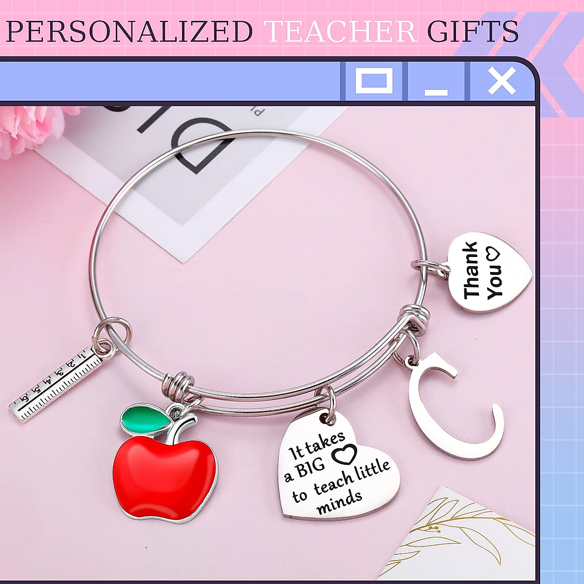 MTLEE Teacher Appreciation Gift Teacher Bracelet Bangle Gift Teacher Thank You Keychain with Initial(Letter C Style)