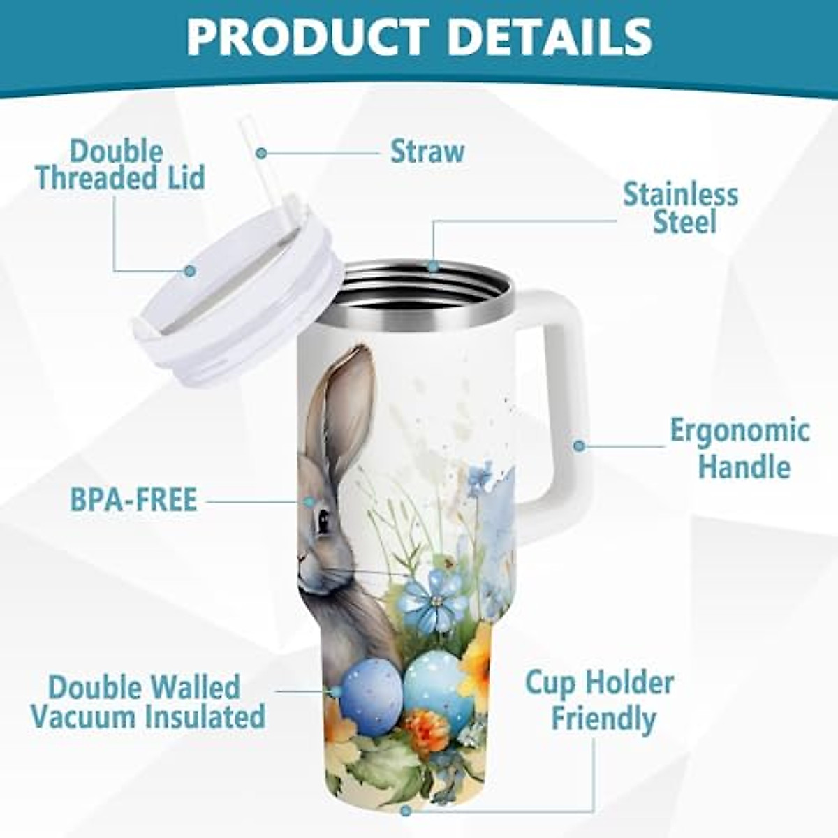 ALAZA Easter Bunny Rabbit 40 oz Tumbler Stainless Steel Water Bottle Vacuum Insulated Cup with Straw Lid & Handle For Travel Car Cup Holder