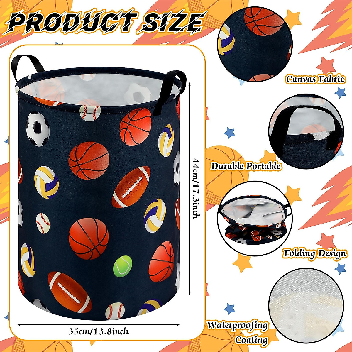 Yoande 2 Pack Sports Basketball Laundry Hamper Waterproof Kids Laundry Basket Boy Toy Storage Dirty Clothes Organizer Round Nursery Boy Laundry Basket for Bathroom Bedroom Dorm, 17.3 x 13.8 in