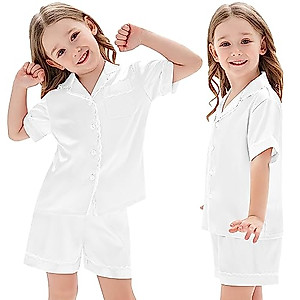 SWOMOG Mommy and Me Pajamas Womens Pajama Sets Satin Silk Pjs 2 Piece Short Sleeves Lace Lounge Shorts Button Up Pj Sleepwear White