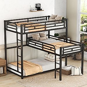 GINGVAT Metal Twin Size Triple Bunk Bed L-Shaped for 3 People, Sturdy Loft Bed Frame with 2 Ladders and Guardrails for Kids, Adults, Black