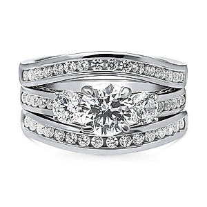 BERRICLE Sterling Silver 3-Stone Wedding Engagement Rings Round Cubic Zirconia CZ Ring Set for Women, Rhodium Plated Size 8