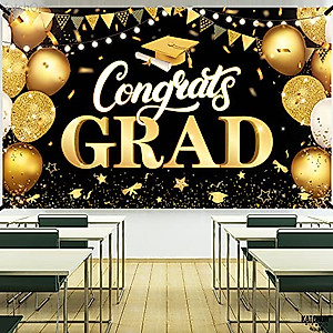 XtraLarge, Congrats Grad Banner - 72x44 Inch | Graduation Banner for Graduation Party Decorations 2023 | Congratulations Banner for Black and Gold Graduation Decorations 2023 | Graduation Backdrop