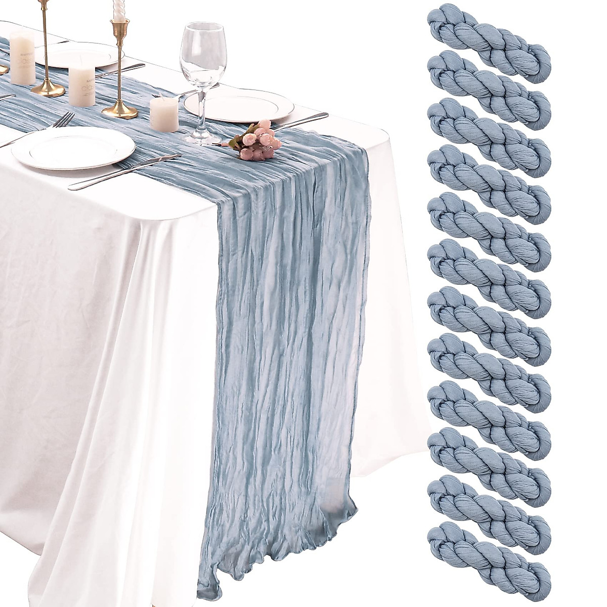 12 Pcs Cheesecloth Table Runner 13FT Boho Rustic Gauze Table Runner Bulk 35x157Inch Romantic Cheese Cloth Sheer Table Runner Decor for Wedding Dining Holiday Event Birthday Anniversary(Dusty Blue)