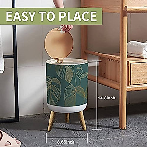 Small Trash Can with Lid Luxury gold and nature green Floral Golden split leaf Philodendron Garbage Bin Wood Waste Bin Press Cover Round Wastebasket for Bathroom Bedroom Kitchen 7L/1.8 Gallon
