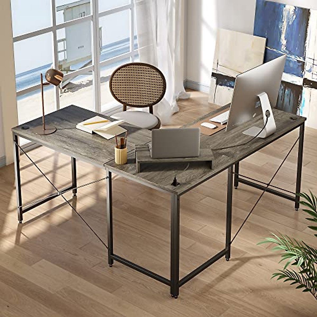 Bestier L Shaped Desk Computer Long Desk Reversible Corner Desk for Home Office with Power Outlet Monitor Stand 2 Cable Holes USB Socket 95.2 Inch 2 Person L Desk, Gray