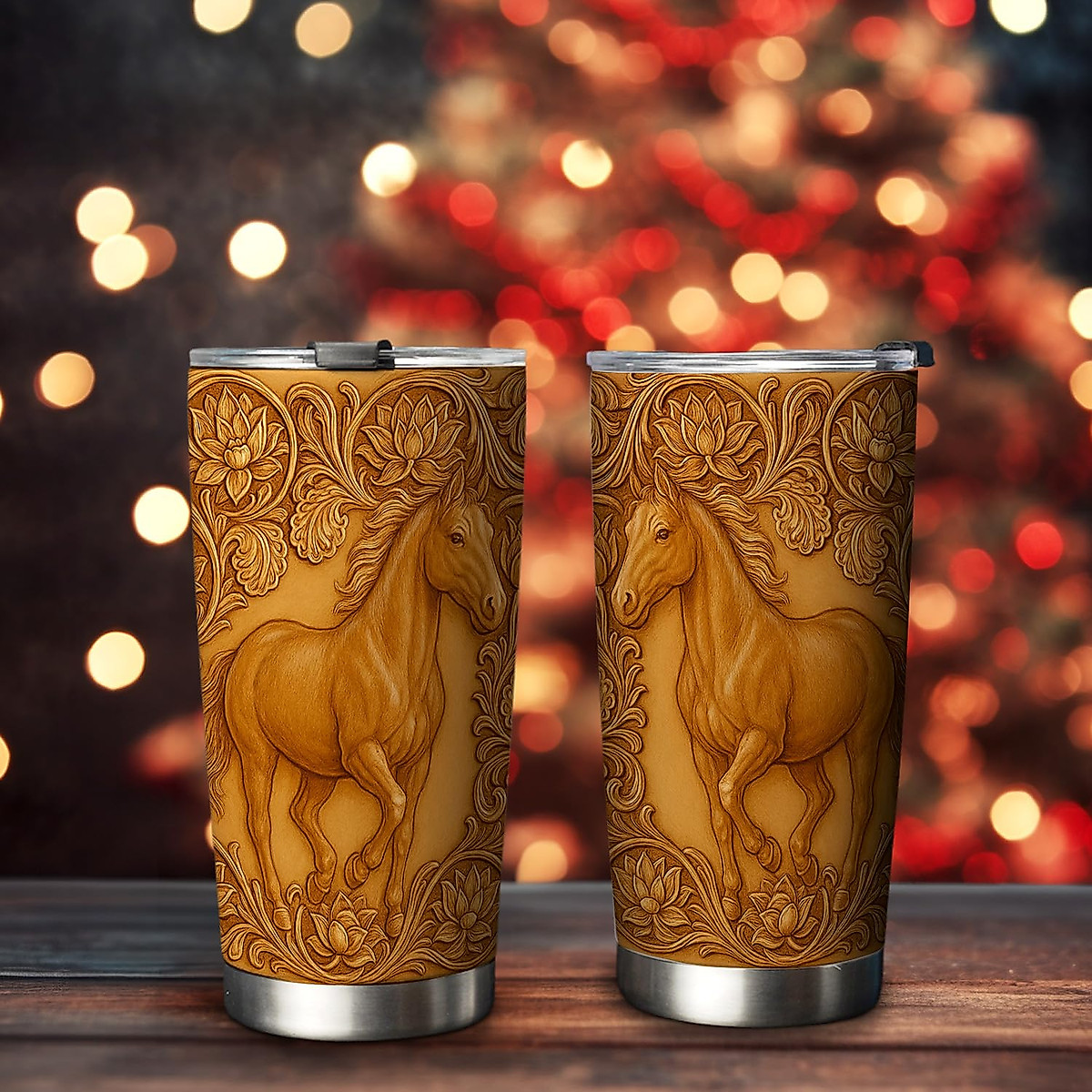 20oz Wooden Flower Horse Tumbler, Country, Equestrian Gifts for Horse Lovers, Coffee Thermos for Women, Men, Stainless Steel Double Wall Vacuum Insulated Coffee Mug, Travel Cup with Lid