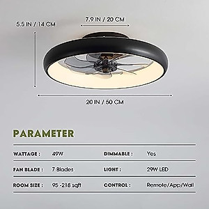 LUDOMIDE Ceiling Fans with Lights, 20" Flush Mount Ceiling Fan with Remote & APP Control, Black Low Profile Ceiling Fan with 6 Wind Speeds, Smart Dimmable LED Ceiling Fan for Bedroom, Living Room