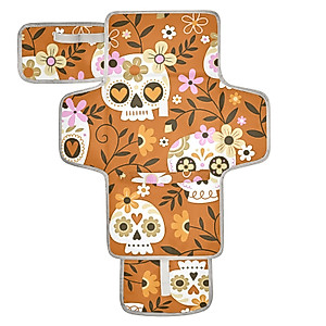Sugar Skulls Flowers Portable Changing Pad for Unisex Baby Toddler Waterproof Foldable Baby Changing Mat with Pillow & Shoulder Strap Travel Diaper Mat for Dresser Gift Home Traveling Walking Hiking