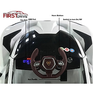 First Drive Lambo Concept 12v Car for Kids to Drive for Boys/Girls - Dual Motor Electric Power Ride on Car with Remote, MP3, Aux Cord, Led Headlights, and Premium Wheel (White)