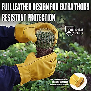 OZERO Leather Work Gloves Flex Grip Stretchable Tough Cowhide Work Gloves 1 Pair (Gold, Medium)