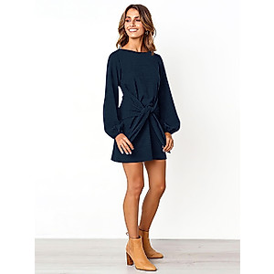 PRETTYGARDEN Women's Elegant Long Lantern Sleeve Short Dress Crewneck Tie Waist Knit Cocktail Dress(Navy,X-Large)