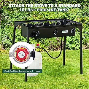 Goplus Outdoor Camping Stove, 3 Burner Propane Gas Cooker w/Detachable Legs & CSA Regulator & 0-20 PSI Regulator for Camp Paito RV, Cast Iron, 225,000-BTU