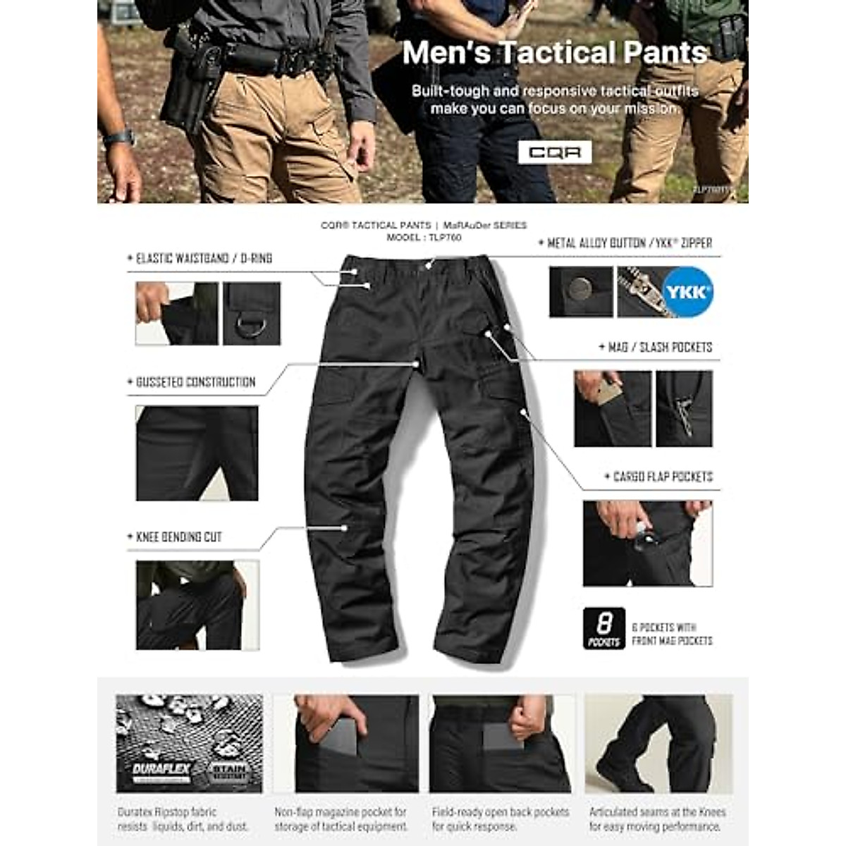 CQR Men's Flex Ripstop Tactical Pants, Water Resistant Stretch Cargo Pants, Lightweight EDC Hiking Work Pants, Dura Flex Mag Pocket Black, 38W x 34L