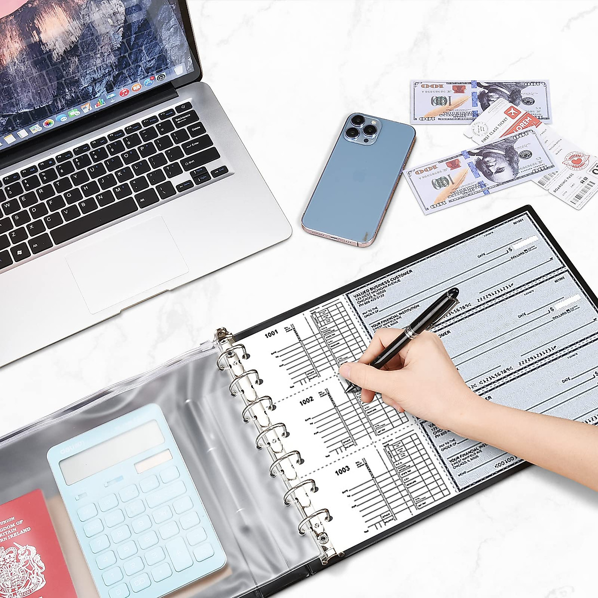 7 Ring Business Check Book Binder, 600 Checks Capacity for 9" x 13" Sheets, PU Leather Checkbook Holder with Zip Pouch