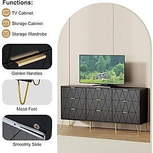 UEV Black Dresser for Bedroom,Modern 9 Drawer Triple Dresser with Gold Accents,Long Storage Dresser for TV Stand & Closet,Large Chest of Drawers for Living Room,Hallway,Entryway