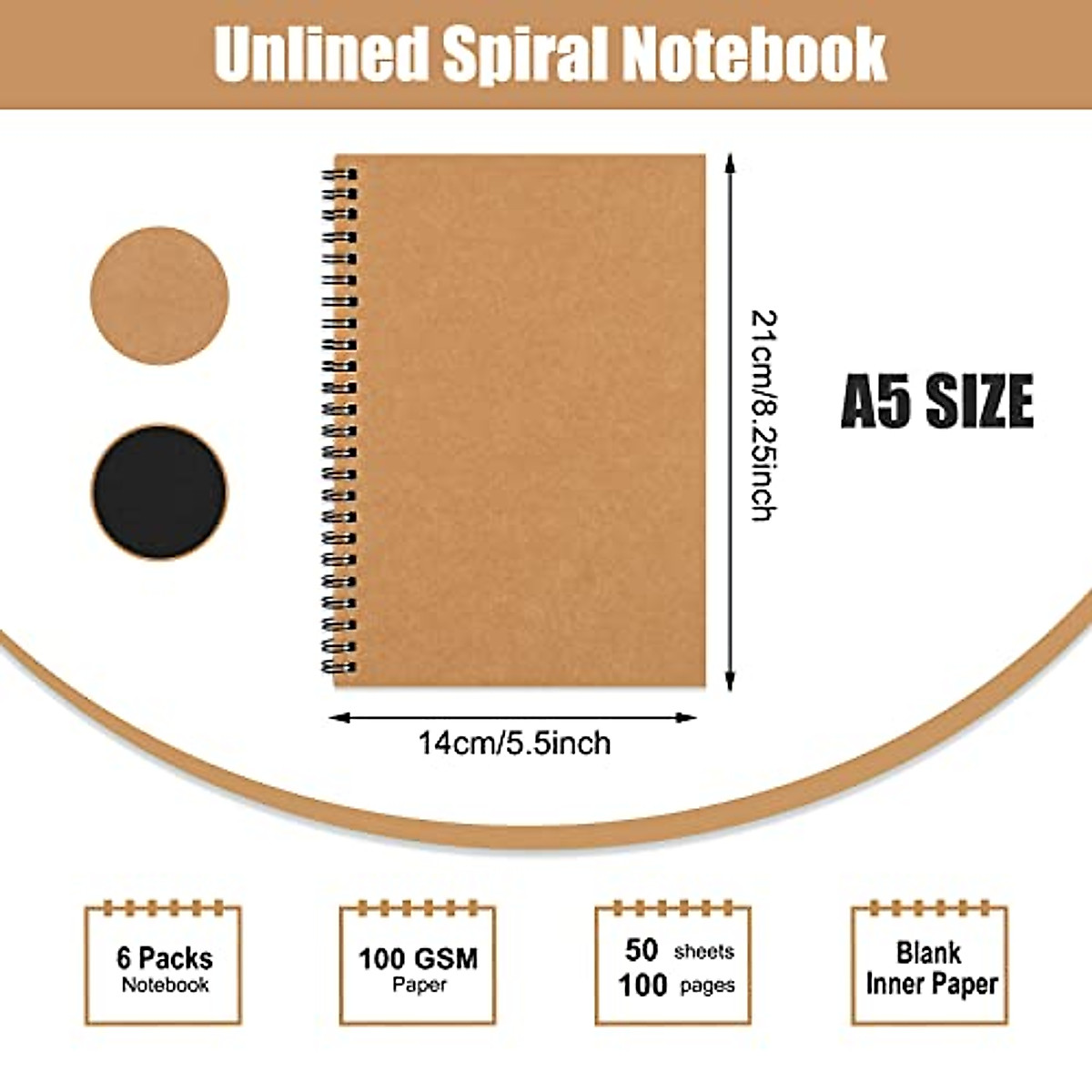 EOOUT 6 Pack Unlined Spiral Notebook, Plain Notebook, 5.5" x 8.3", 50 Sheets, Sketch Books for Gifts, Drawing, Art, Students and Office Supplies