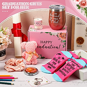 Teling Graduation Gifts for Her Graduation Gift Basket Set Includes Coffee Mug, Bracelet, Keychain, Candle, Towel, Socks, Scrunchie, Mirror Candle Card for Senior College Graduation Party (Pink)