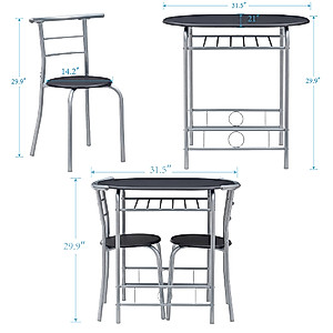 VECELO 3 Piece Small Round Dining Table Set for Kitchen Breakfast Nook, Wood Grain Tabletop with Wine Storage Rack, Save Space, 31.5", Black & Silver